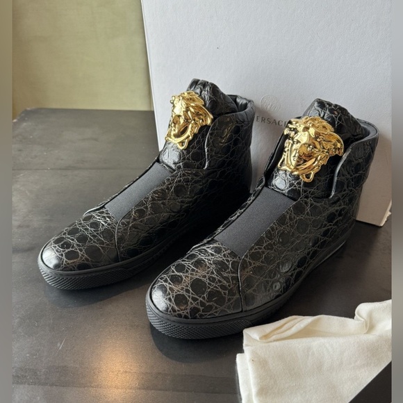 Versace | Shoes | Versaceversace High Top Sneaker Vitello Stcocco Black ...